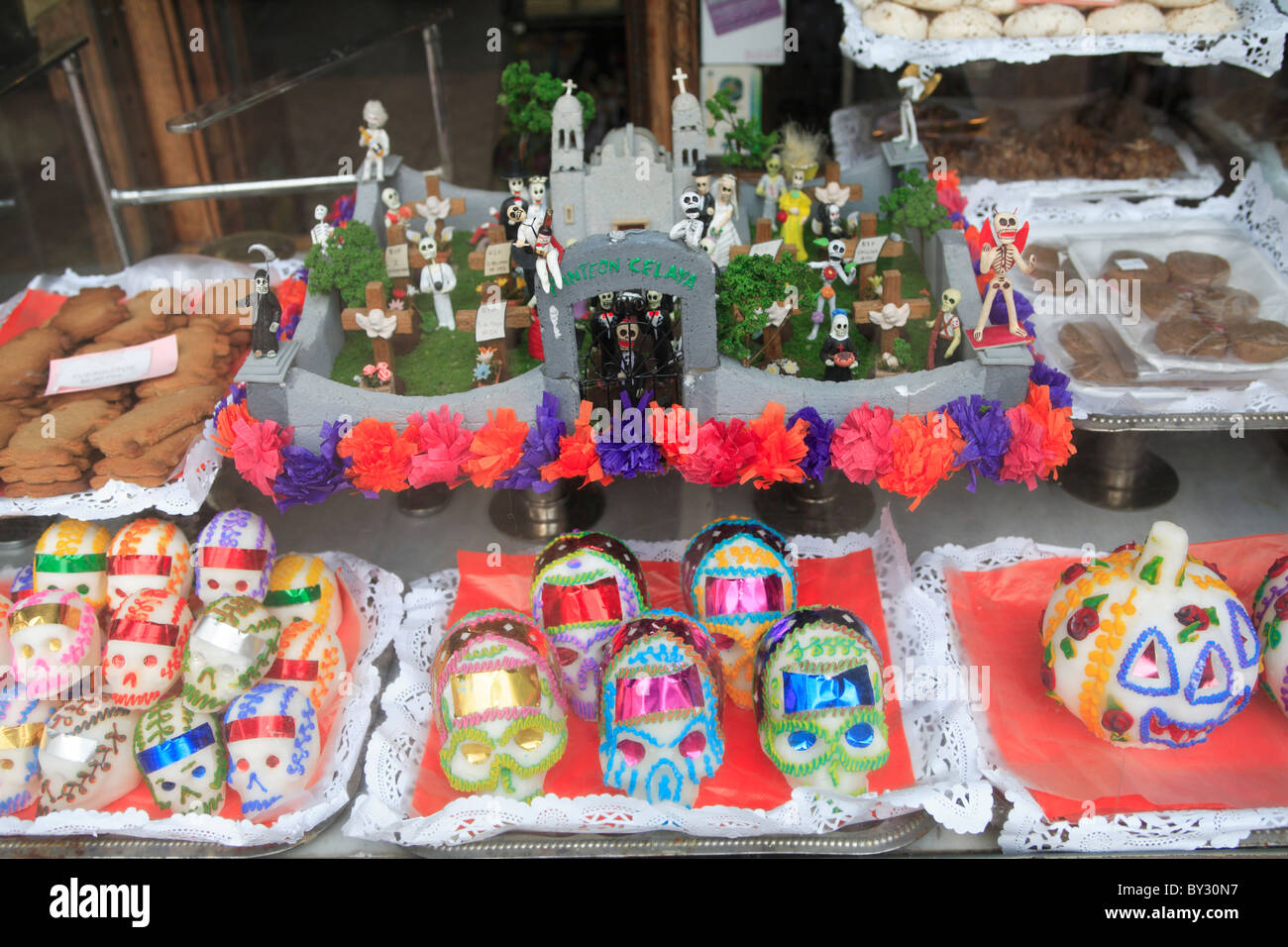 Day of the Dead Sugar Candy Skulls displayed in pastry shop, Almeda ...