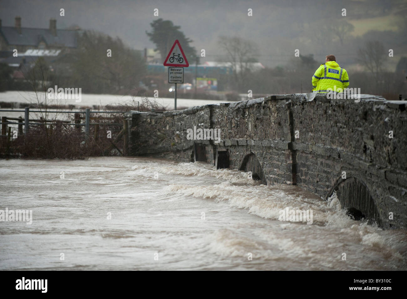 Flooding on the River Dyfi bridge at Machynlleth, Powys, Mid wales UK ...