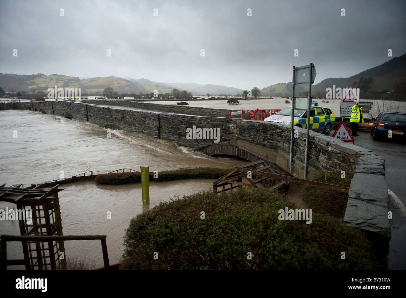 Flooding at the bridge on the River Dyfi at Machynlleth, Powys, Mid ...