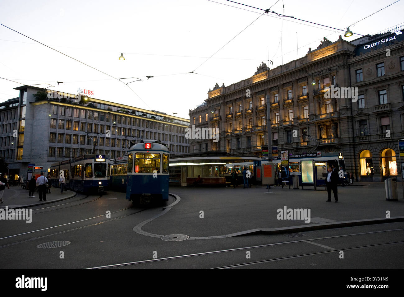 A tram at the Paradeplatz Square and the Bahnhofstrasse, Zurich ...