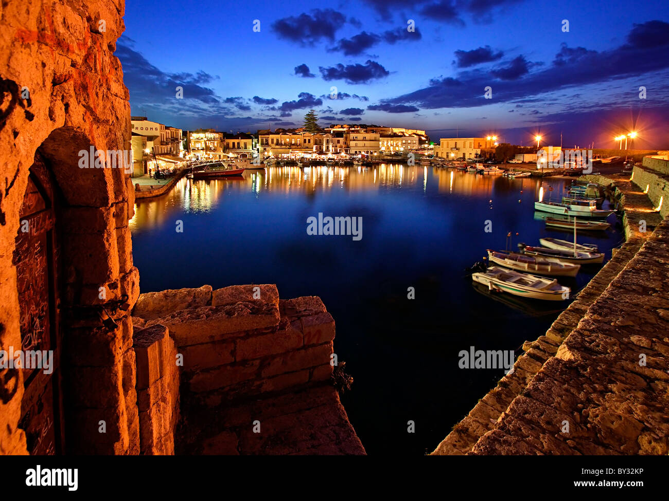 The old Venetian harbor of Rethymno town around the "blue" hour. Crete ...