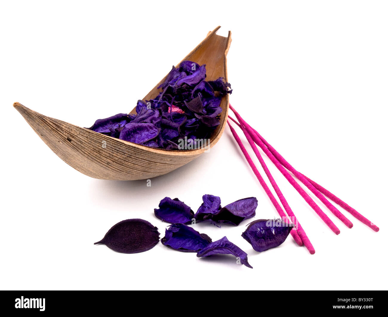 Aromatic purple potpourri and pink incenses on white background Stock ...