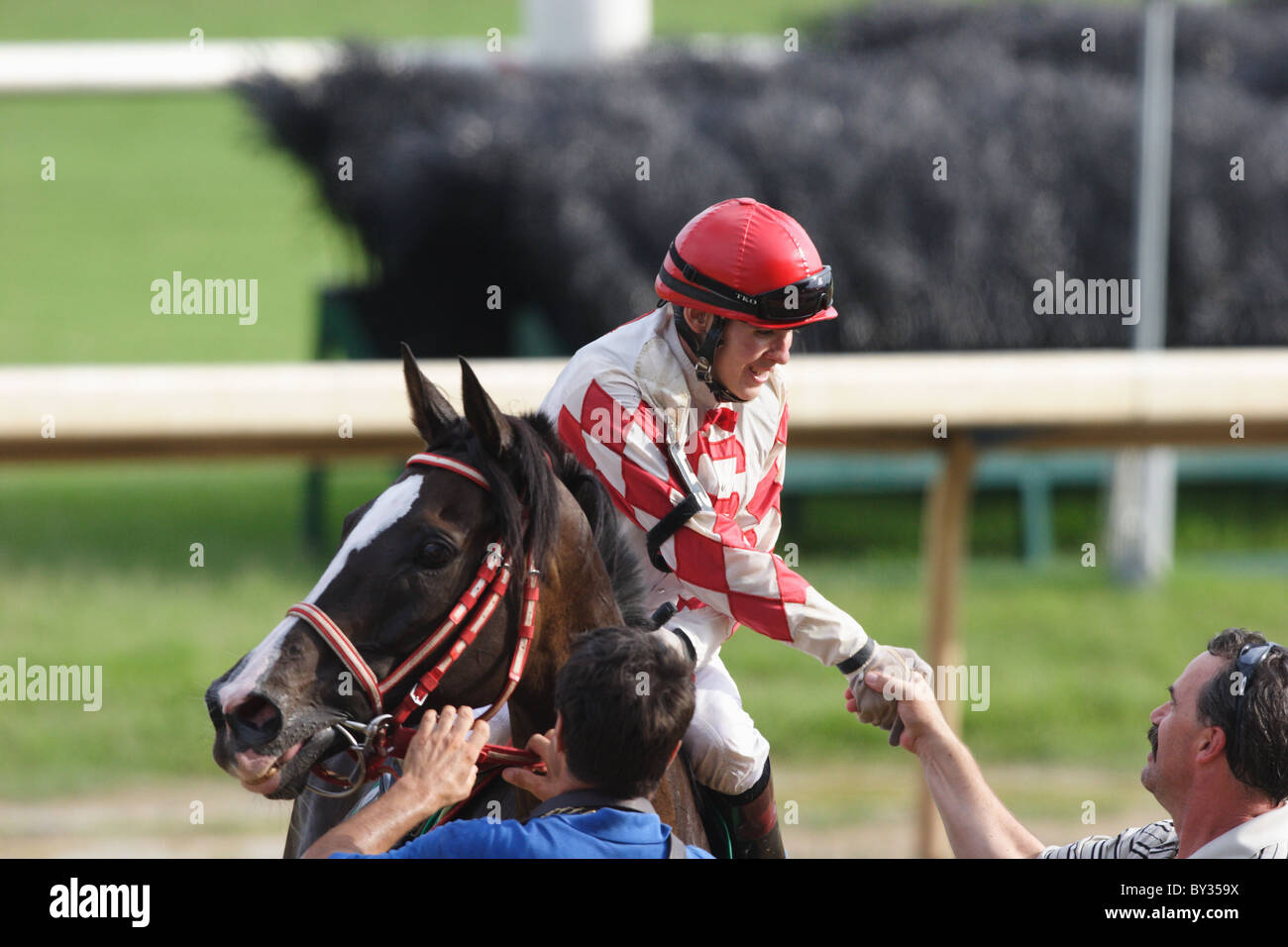 Jockey after win at Colonial Downs racetrack, New Kent County, Virginia ...