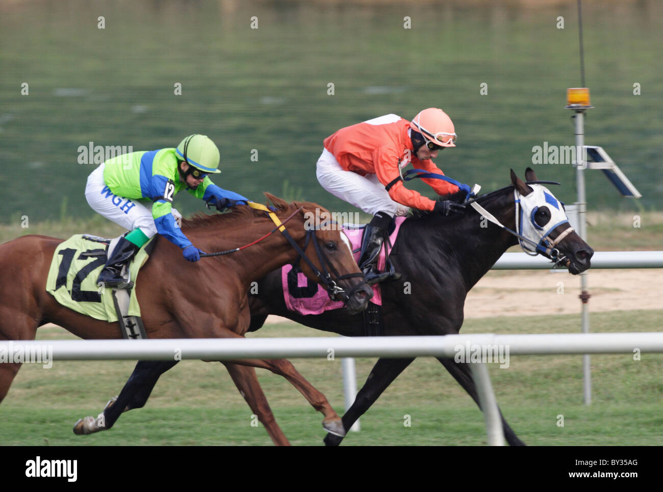 Jockeys racing to the finish at Colonial Downs racetrack, New Kent ...