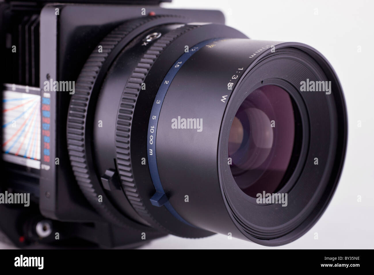 Close-up of a medium format camera showing the lens and part of the ...