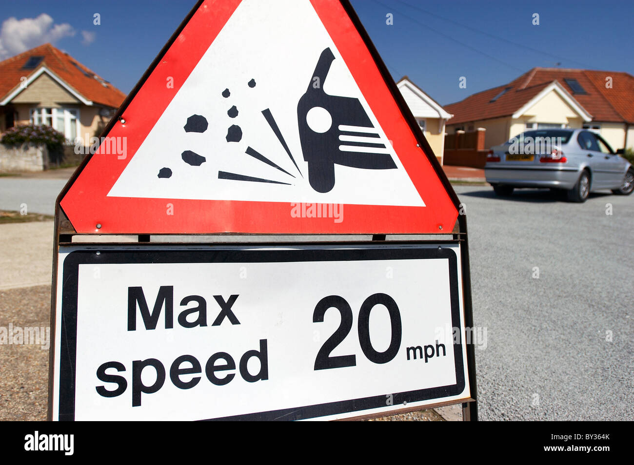 Temporary road sign which display a warning to drivers of a new road ...