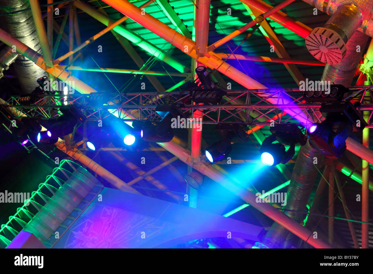 lighting equipment at concert - colored spotlights on ceiling Stock ...