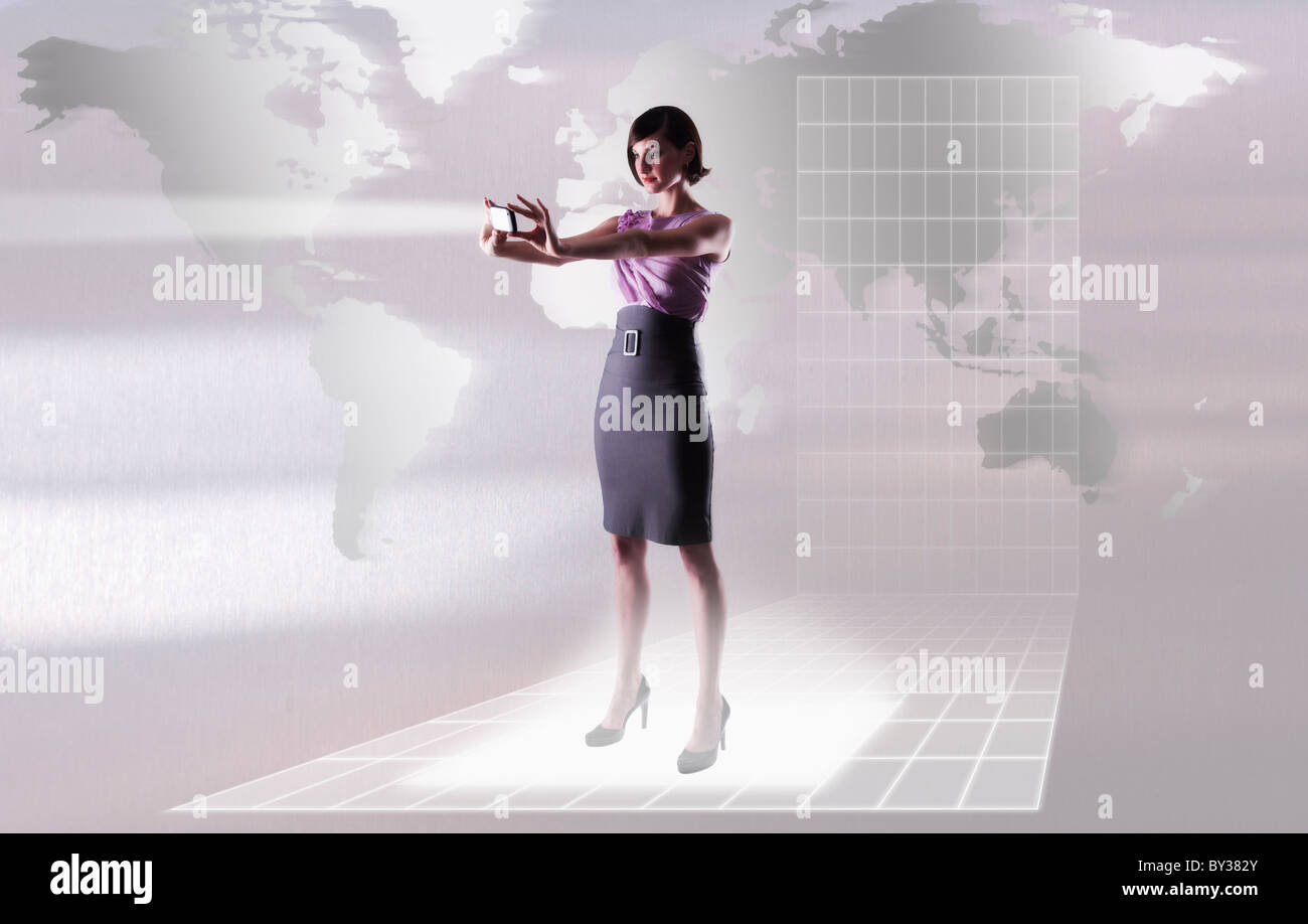 Young woman reflecting bright light by world map Stock Photo - Alamy