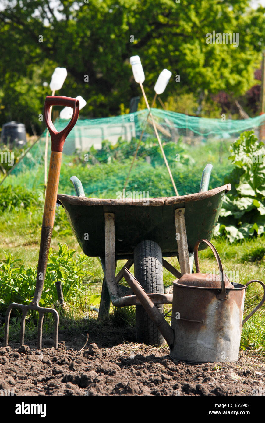 An old rusty fork, wheelbarrow and watering can on an allotment in ...