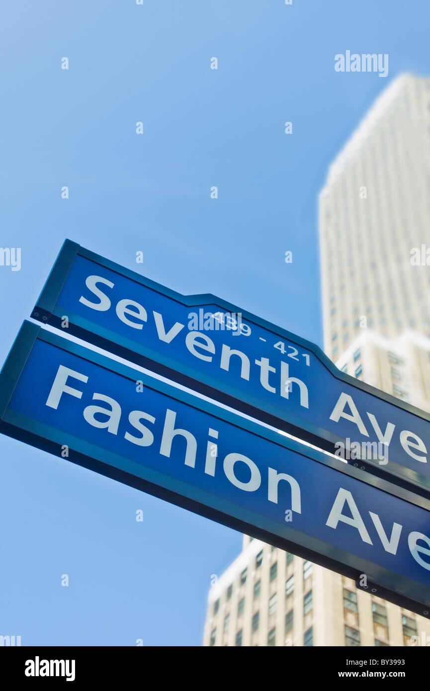 USA, New York, New York City, Street sign for Fashion Avenue and ...