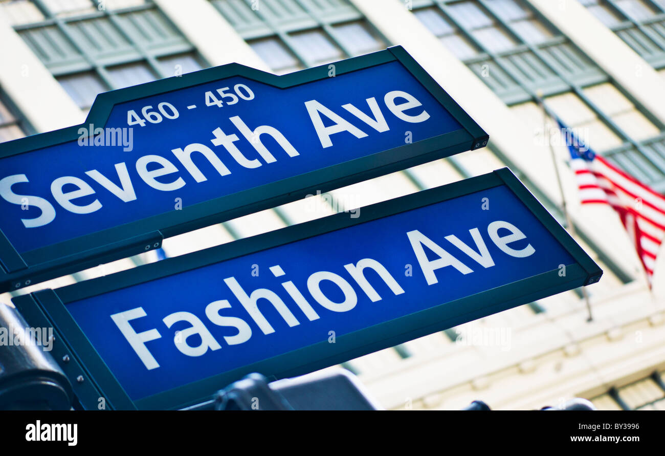 USA, New York, New York City, Street sign for Fashion Avenue and ...