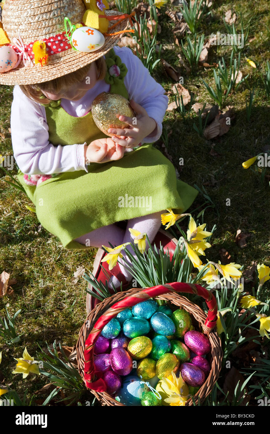 Girl on an Easter egg hunt in Lancashire, UK Stock Photo - Alamy
