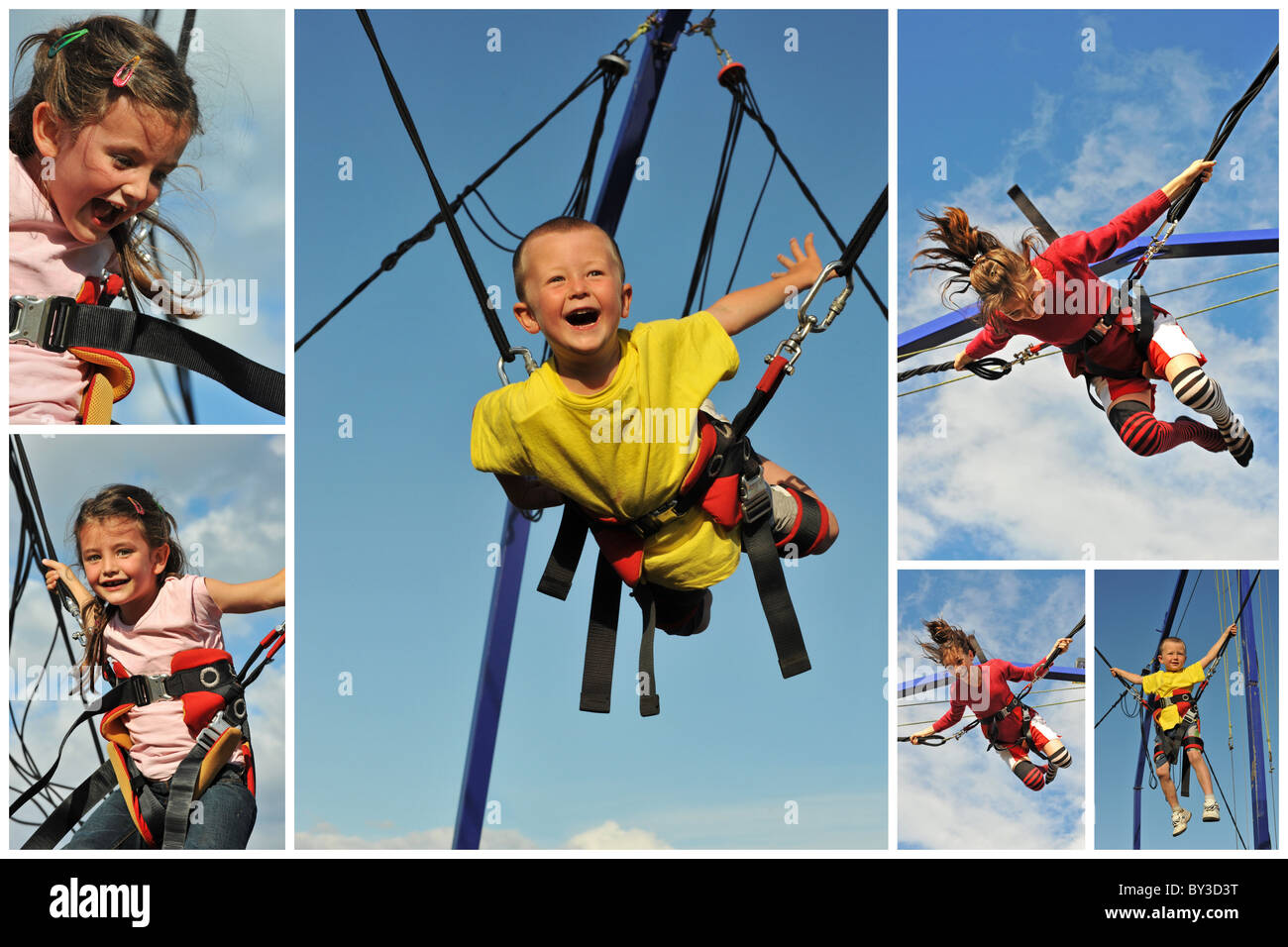 Little children jumping on the trampoline (bungee jumping Stock Photo ...