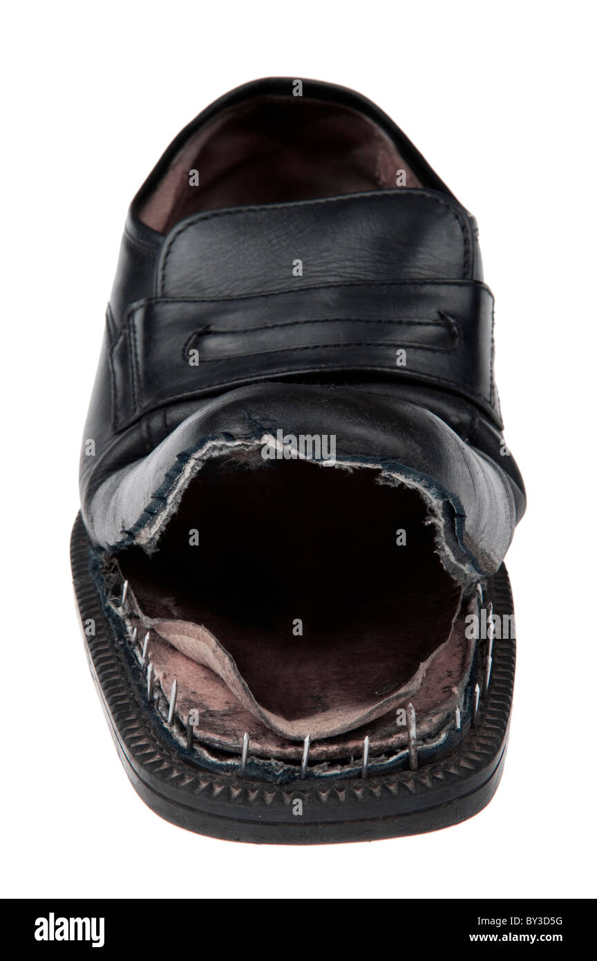 object on white - Damaged old shoes Stock Photo - Alamy