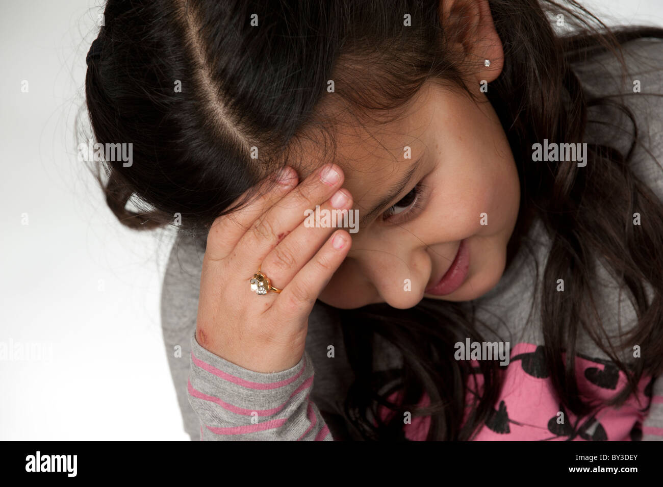 Close up portrait of young girl with her hand on her forehead Stock ...