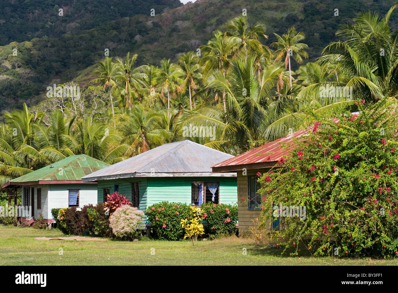 Colourful village houses in a small village in Vanua Levu, Fiji Stock ...