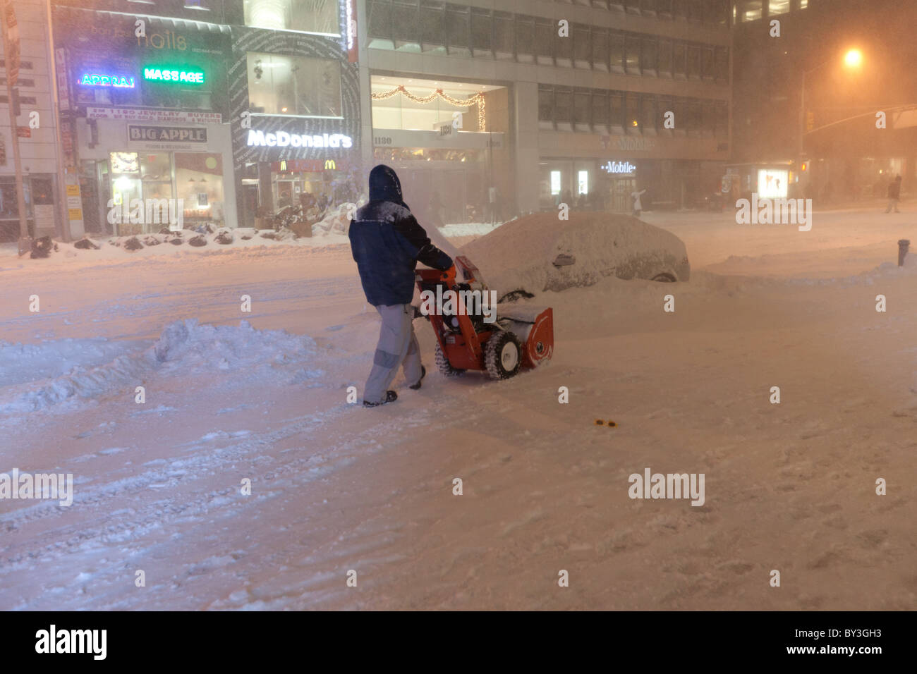 Snow blowing on 6th avenue in New York city during a harsh blizzard in ...