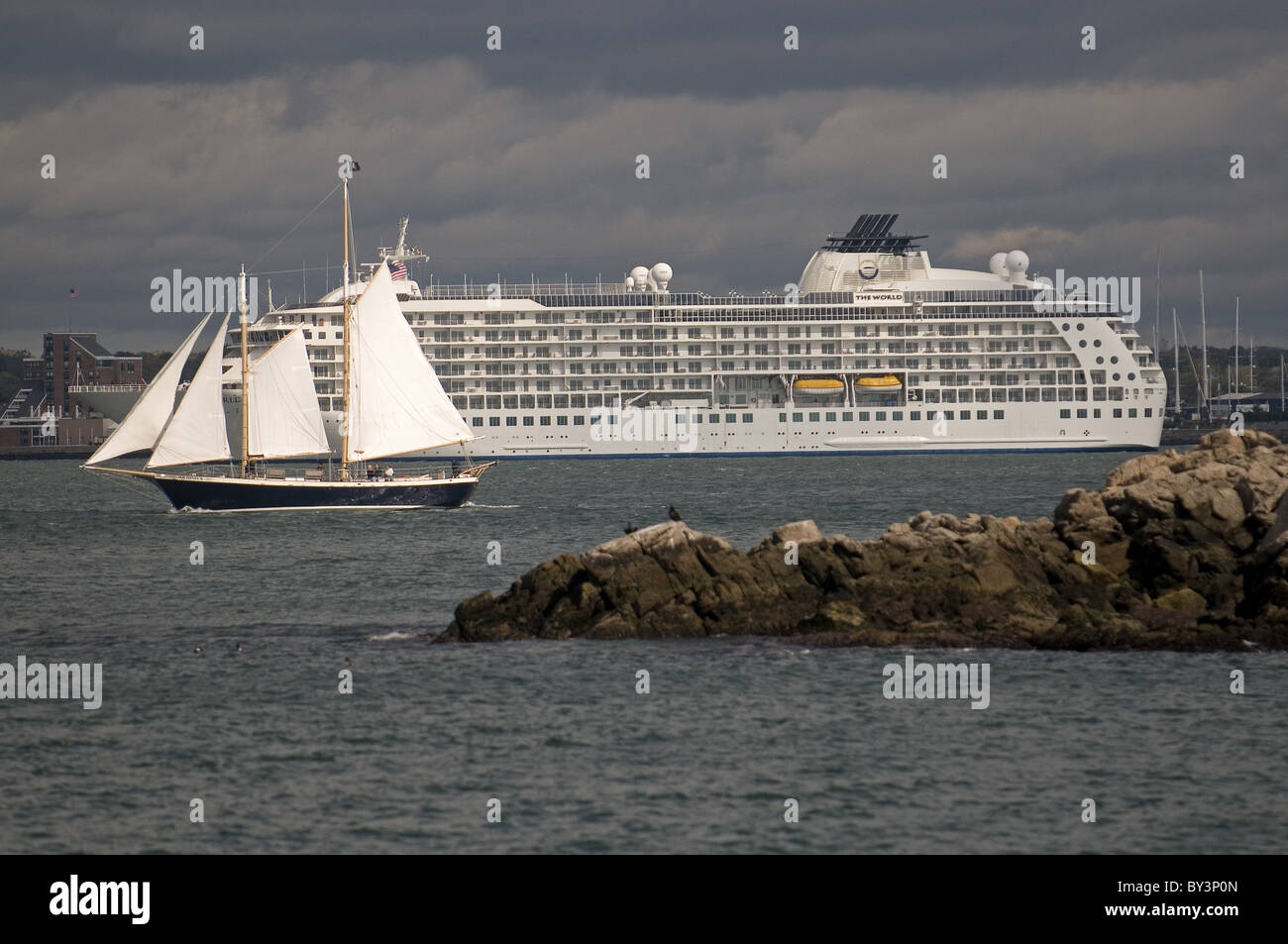 Cruise ship anchored in Newport Rhode Island with Sailboat in ...