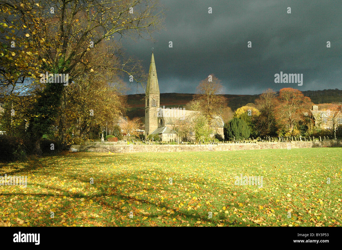 Church of St. Anne in Baslow, Derbyshire, UK before a thunderstorm ...