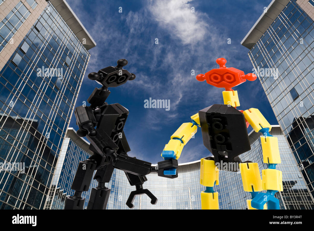 toy bricks people handshake on office building background Stock Photo ...