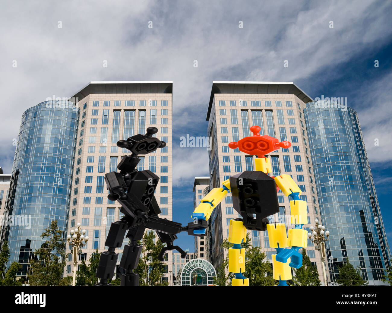 toy bricks people handshake on office building background Stock Photo ...