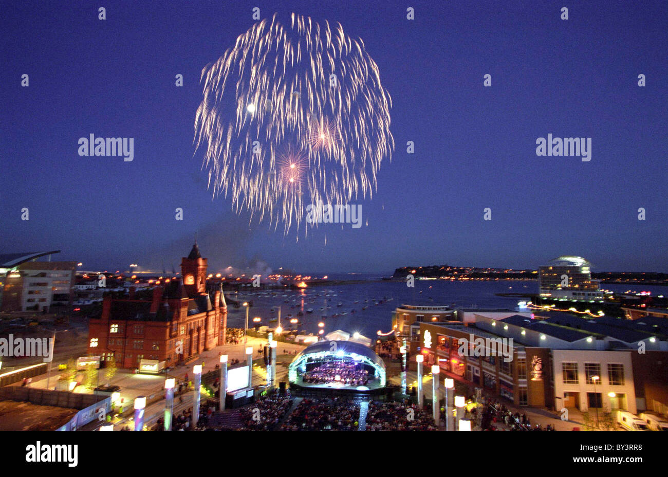 Fireworks at an open air concert, Cardiff Bay Stock Photo - Alamy
