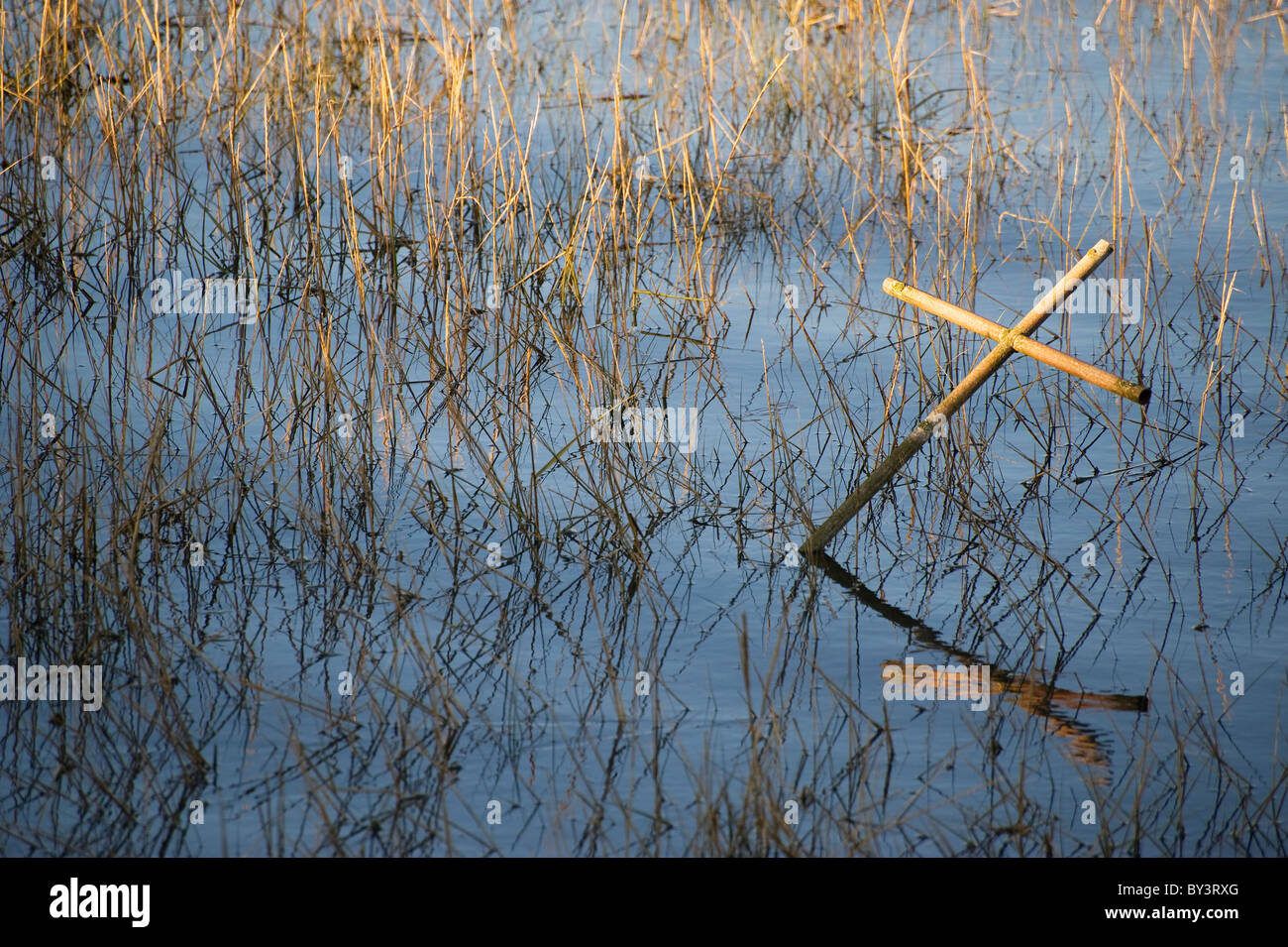 cross shaped piece of wood at an angle coming out of the water Stock ...