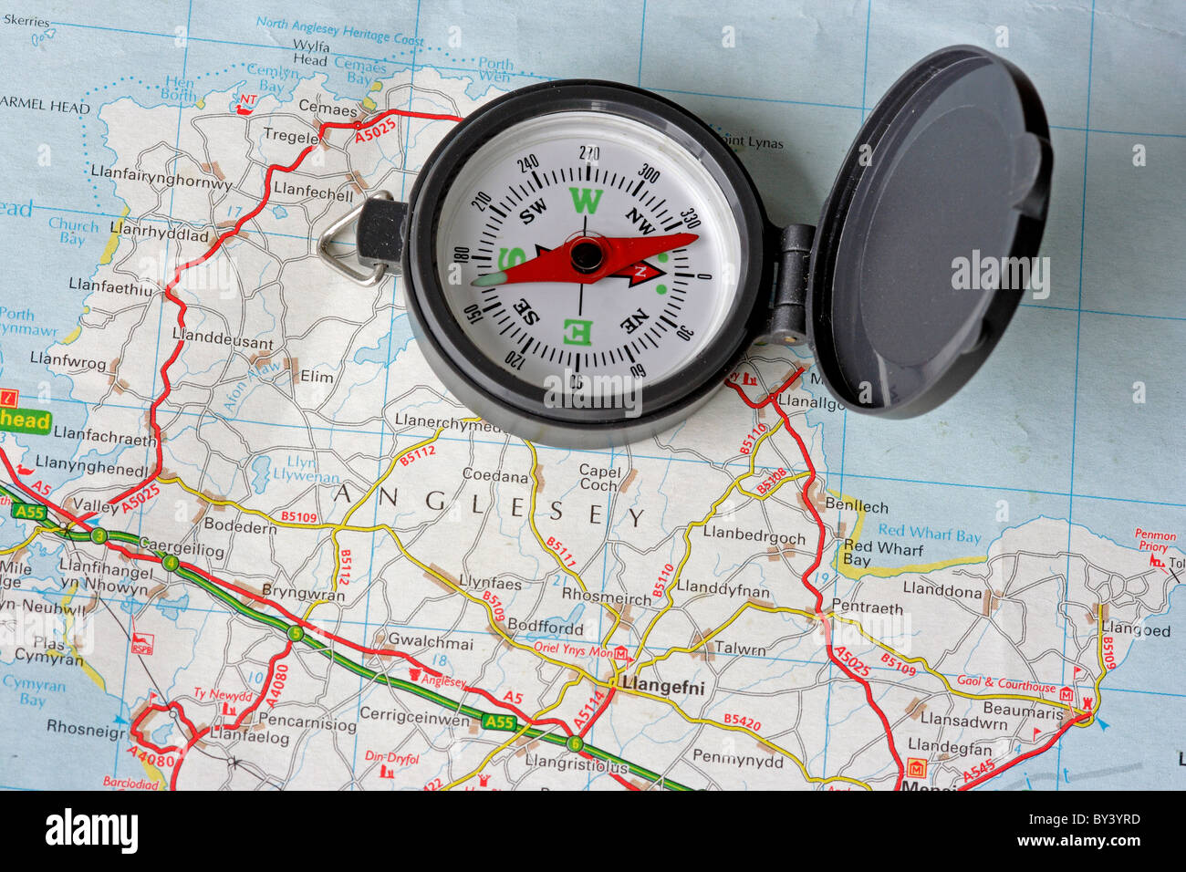 A map of Anglesey, North Wales with a compass Stock Photo - Alamy