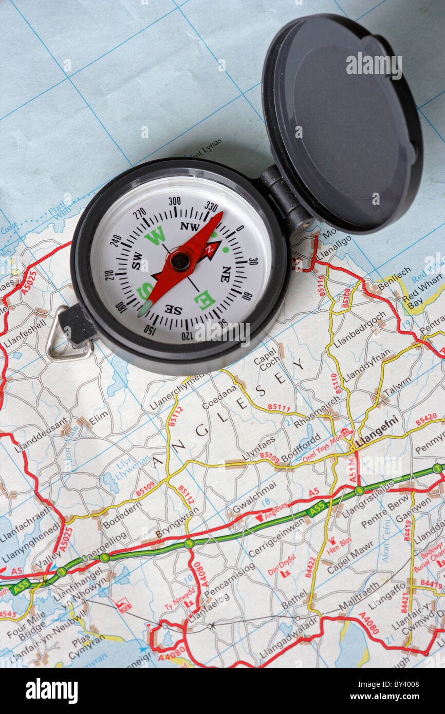 A map of Anglesey, North Wales with a compass Stock Photo - Alamy