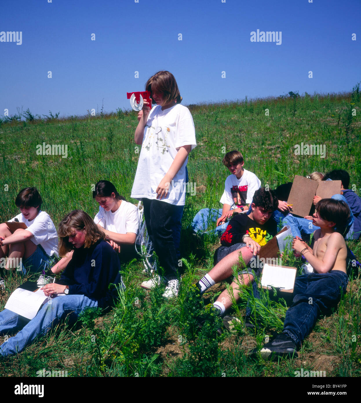 School children geography fieldwork countryside Suffolk England ...