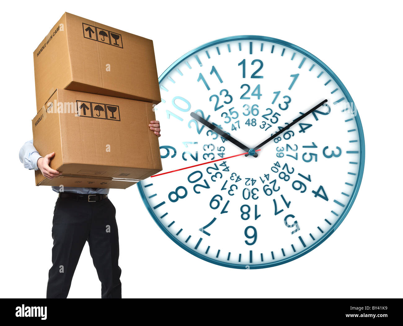 man holding two big boxes and clock background Stock Photo - Alamy