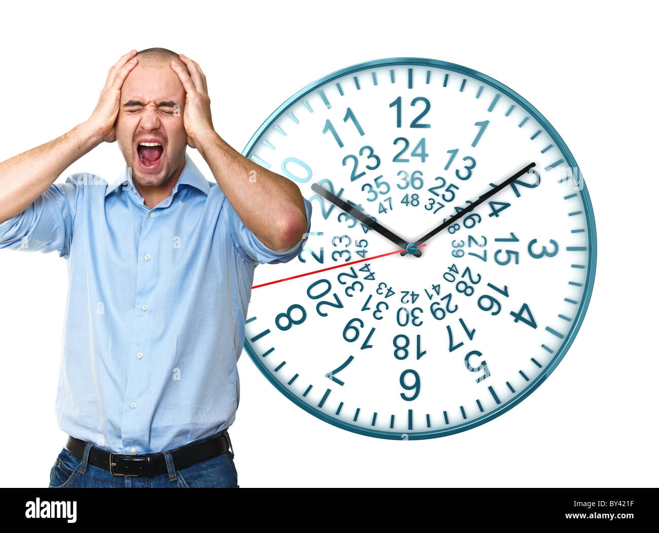 portrait of man screaming with clock background Stock Photo - Alamy