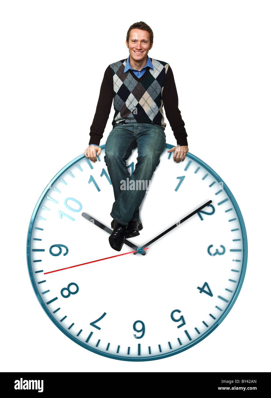 smiling man sit on classic watch isolated white background Stock Photo ...