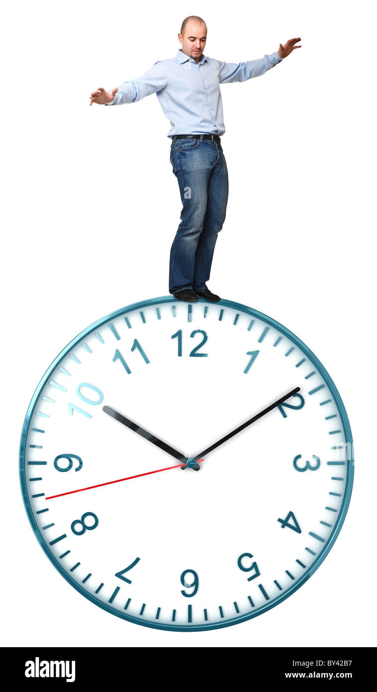 man try to balance on classic watch isolated white background Stock ...