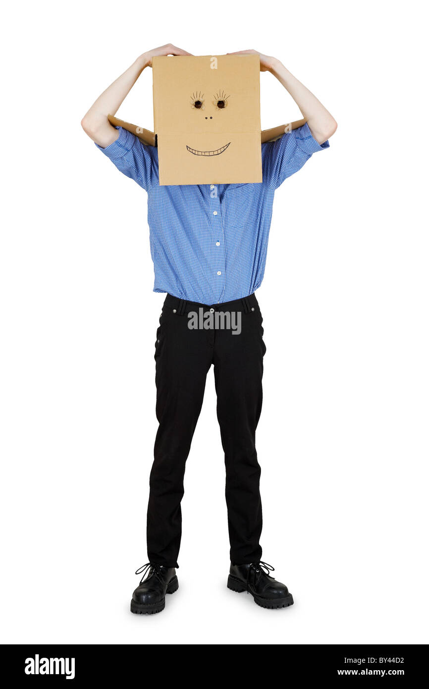 Funny man put on his head a box with a painted smile Stock Photo - Alamy