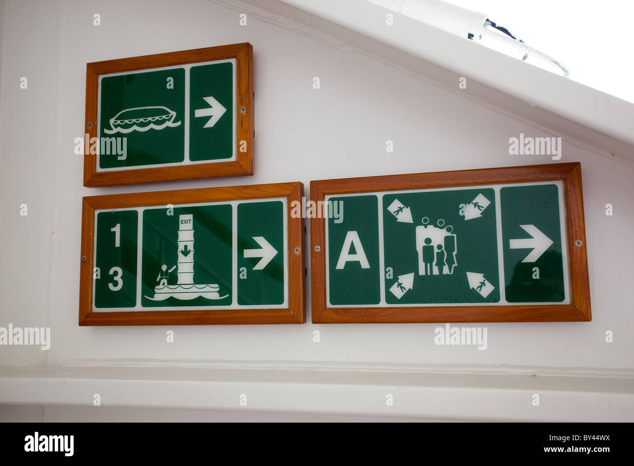 safety signs giving instruction and direction on board modern passenger ...