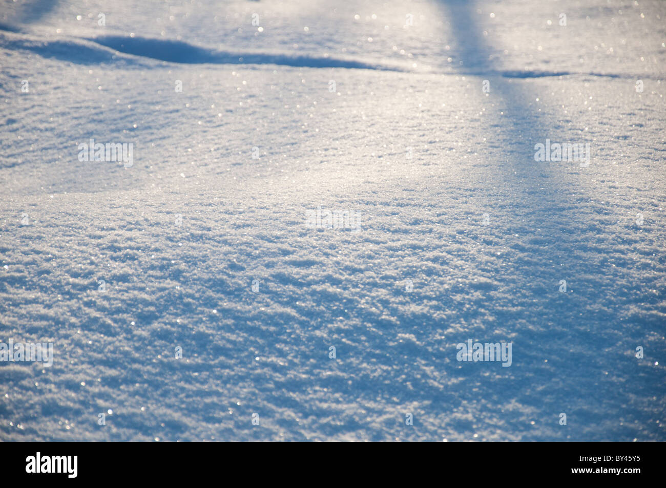 Snowy field with beautiful white and blue snowflakes and tracks Stock ...