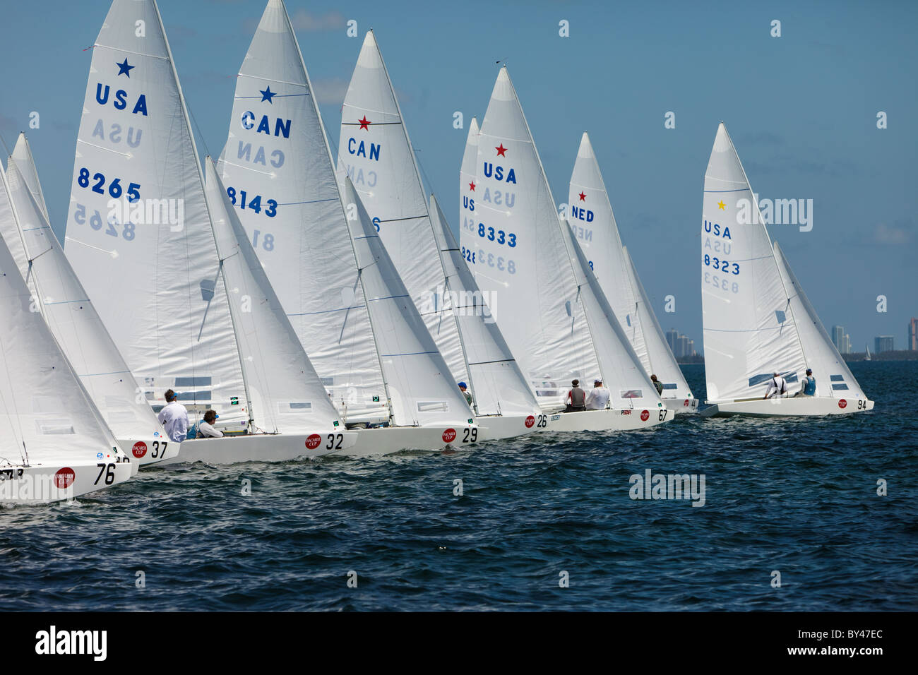 International Star Class racing yachts lined up during the Bacardi Cup ...