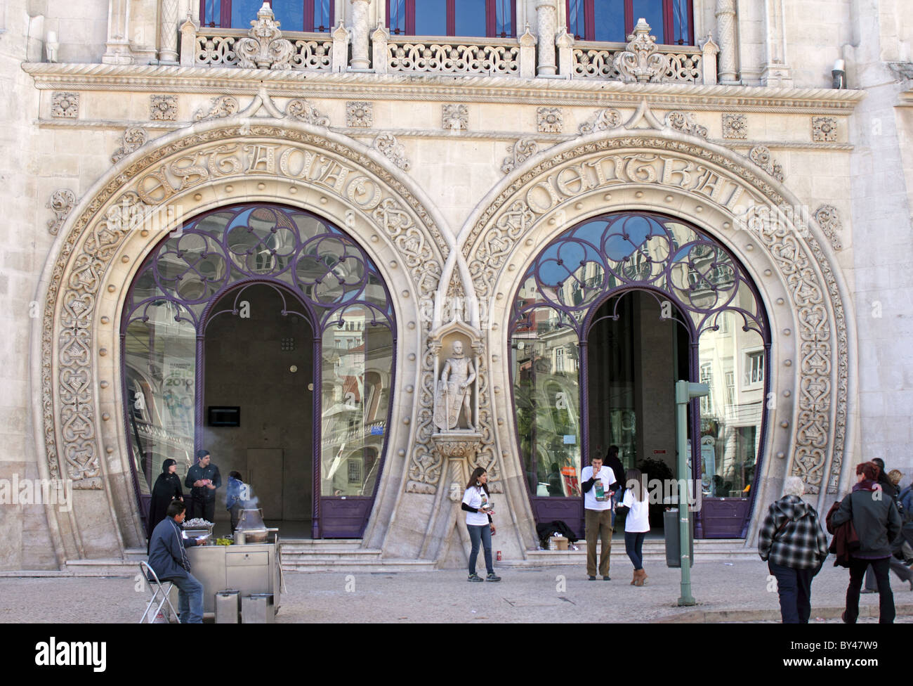 Neo-Manueline entrance to Rossio Station (Estacao Central), designed by ...