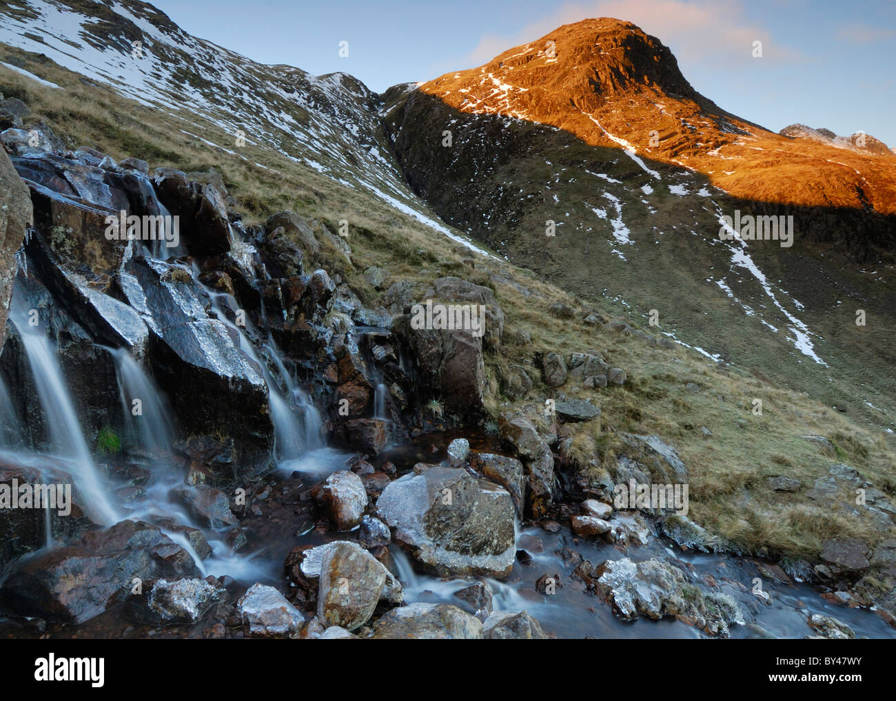 Browney Gill waterfall and first light on Great Knott near Crinkle ...