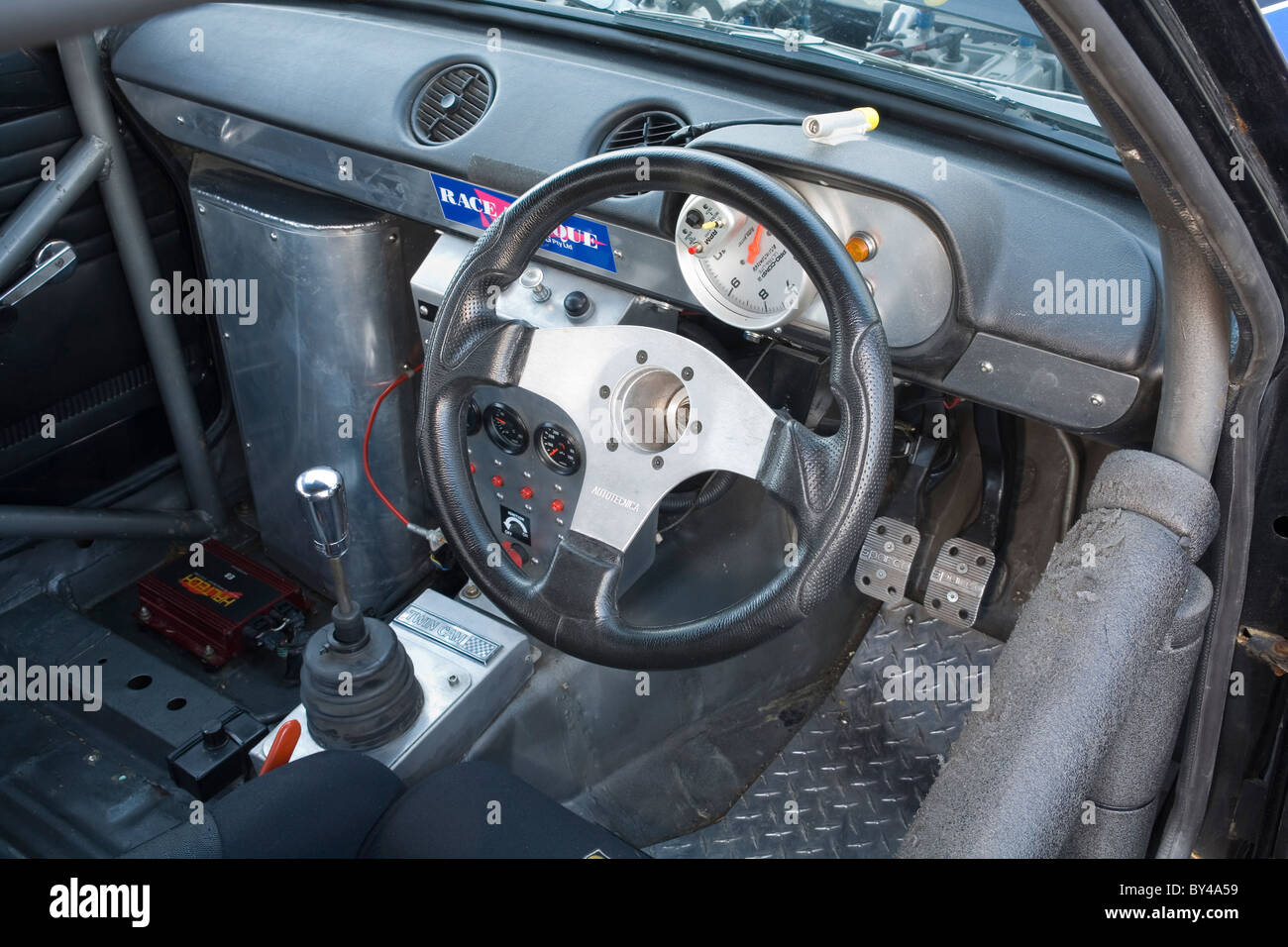 Cabin or cockpit and steering wheel of a motorsport race car Stock ...