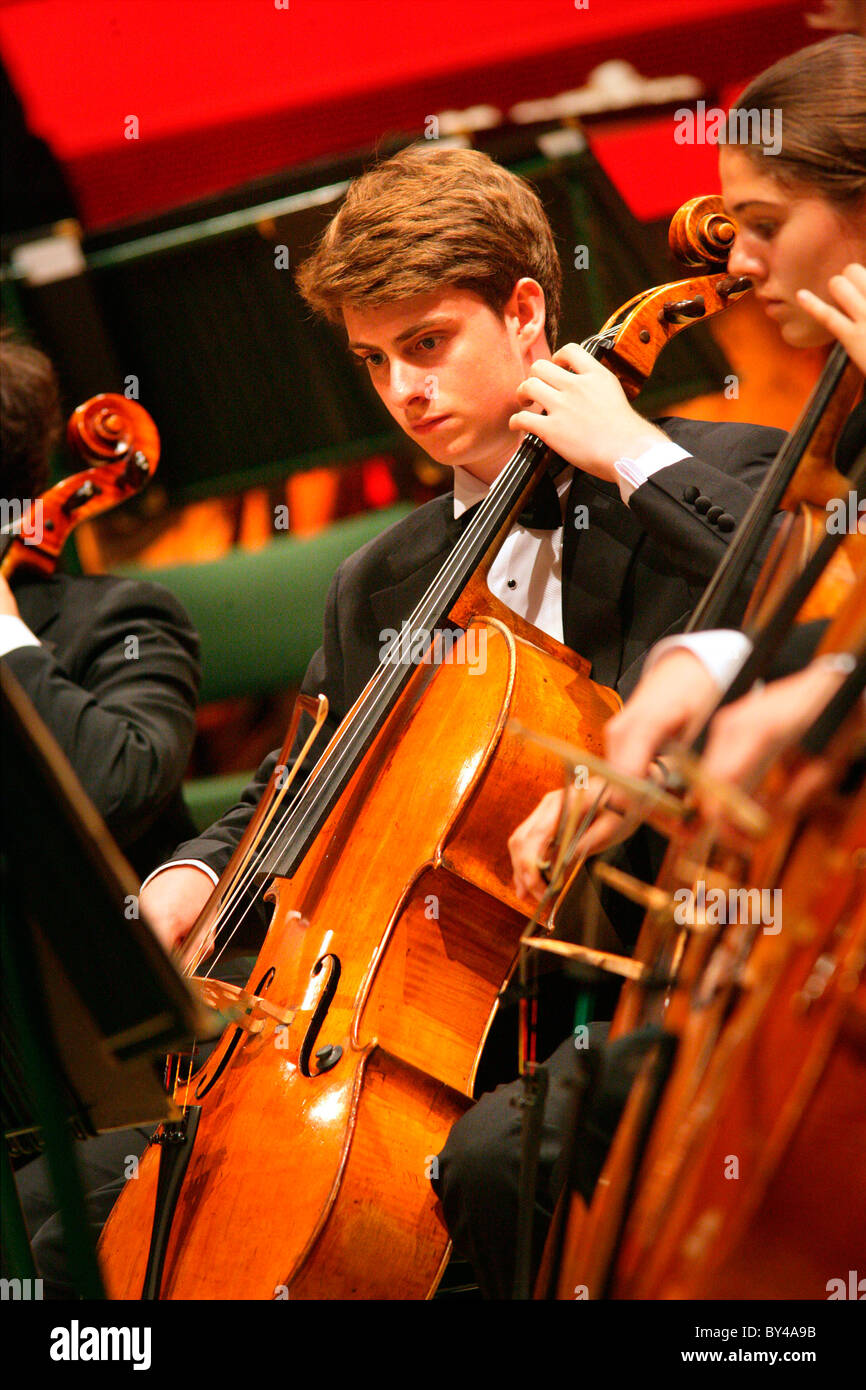 Cellist playing at the Welsh Proms, St David's Hall, Cardiff Stock ...