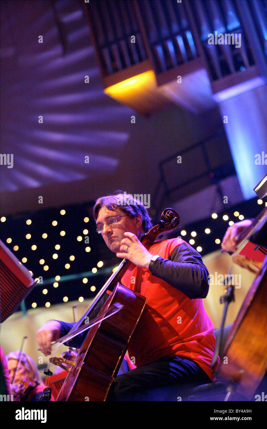Cellist playing at the Children's Prom, St Davids Hall, Cardiff Stock ...