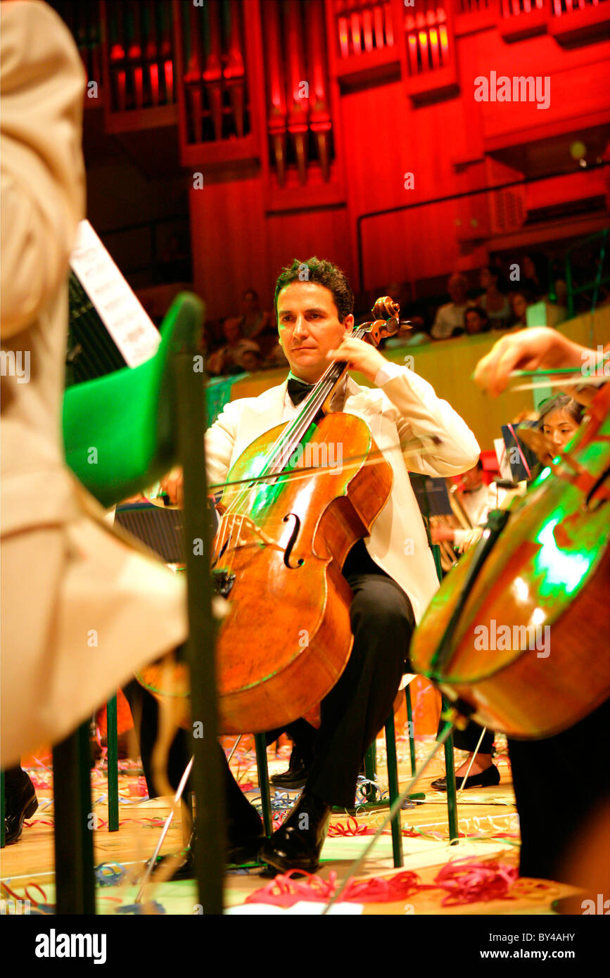 Cellist playing at the Welsh Proms, St David's Hall, Cardiff Stock ...