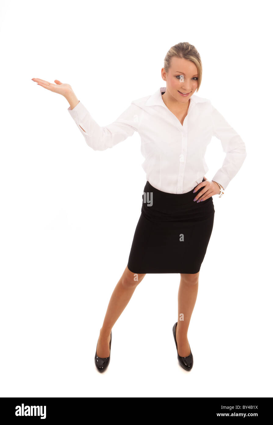 Business woman with hand held in a holding position Stock Photo - Alamy