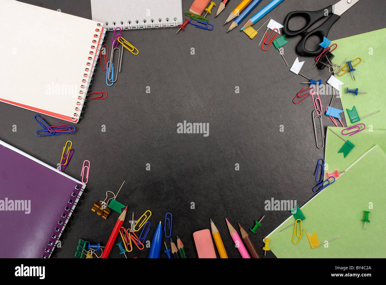 Chalkboard with school tools Stock Photo - Alamy