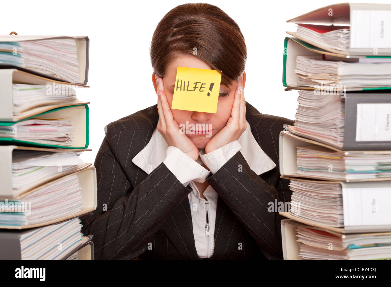 Business woman needs help to manage work. She is desperate and cries ...