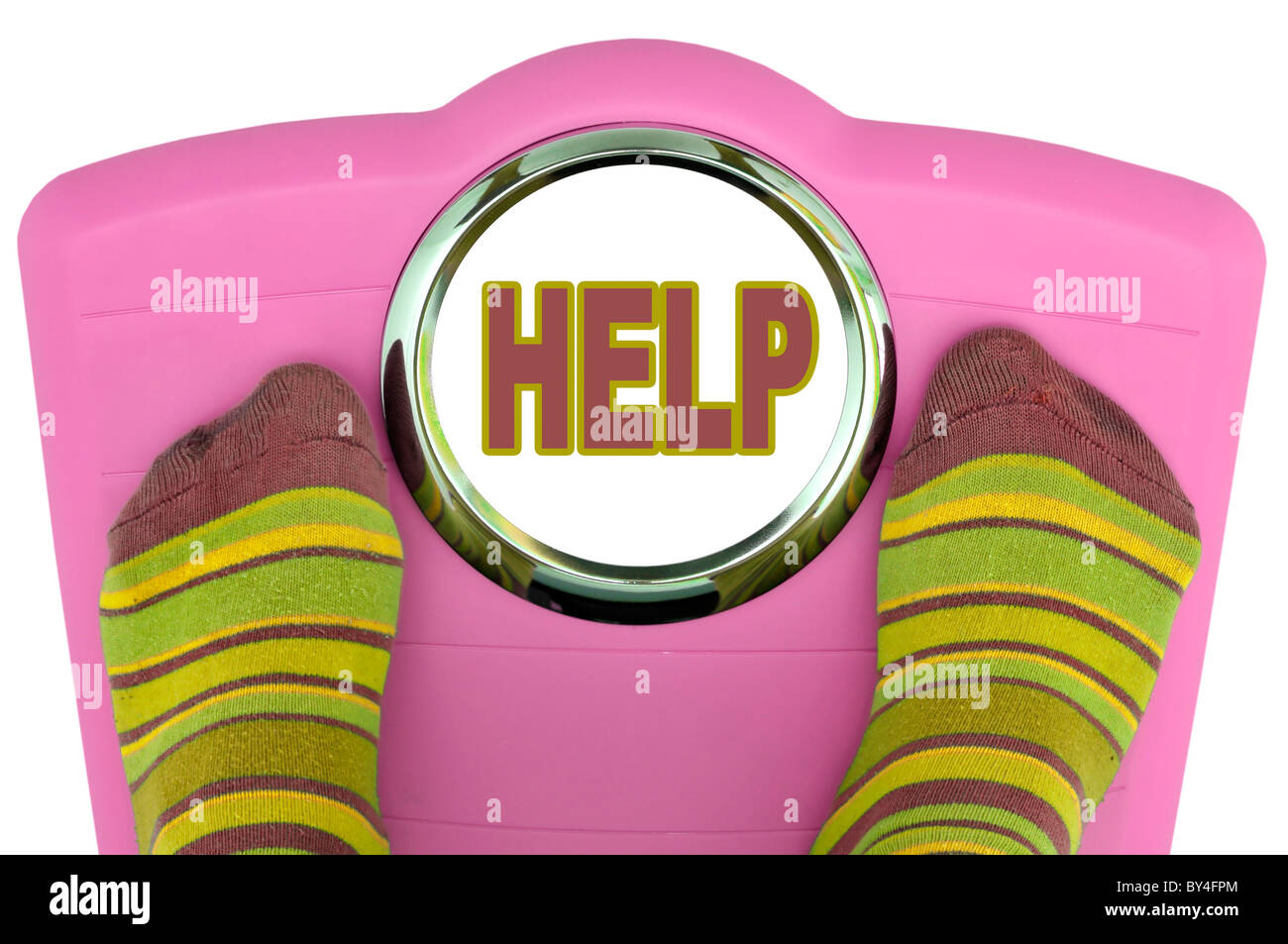 Woman's feet in a scale with the word help isolated in white Stock ...