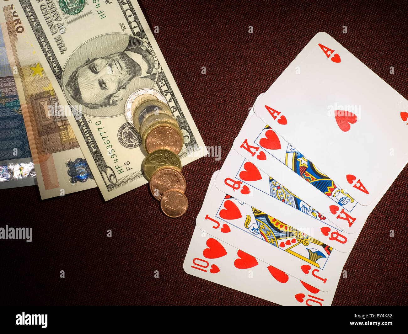 playing card and money on the table,overhead shot, for various gambling ...