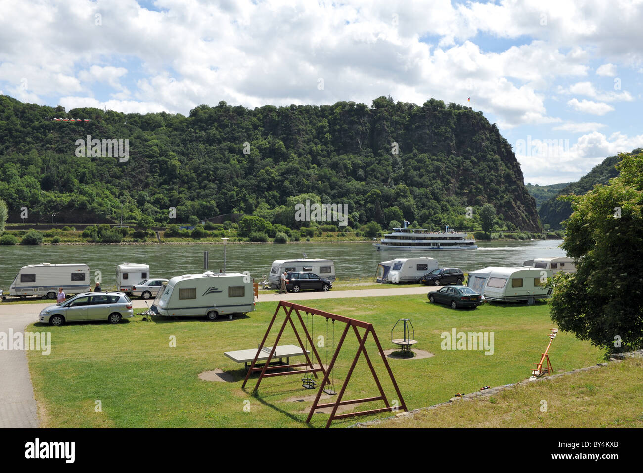 Caravans alongside the River Rhine at Loreley in Germany Stock Photo ...